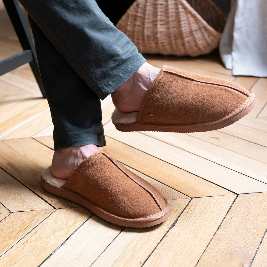 Chaussons mules Homme Cuir Camel fourrés chauds - Isotoner
