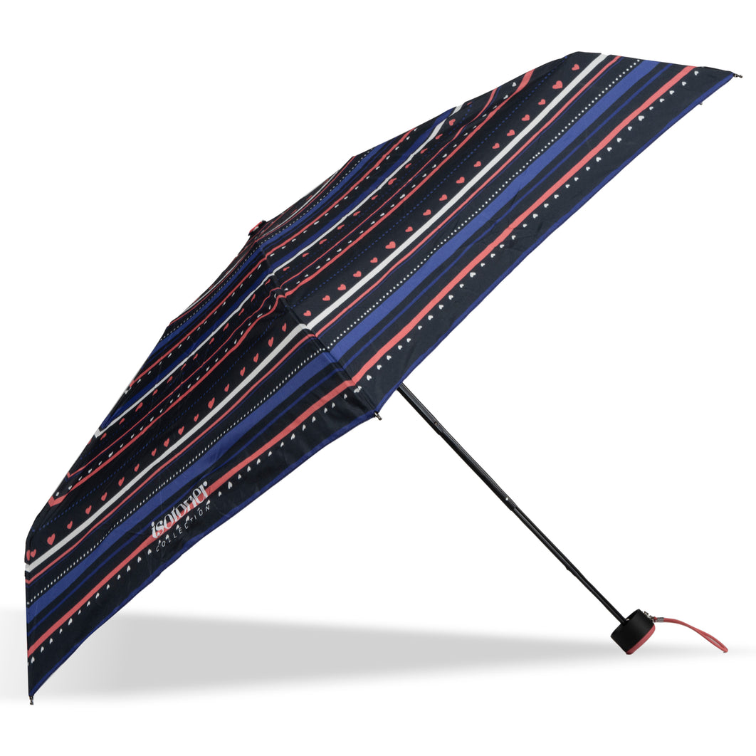 Parapluie Mini Slim Rayure Petit Cœur Marine - Isotoner
